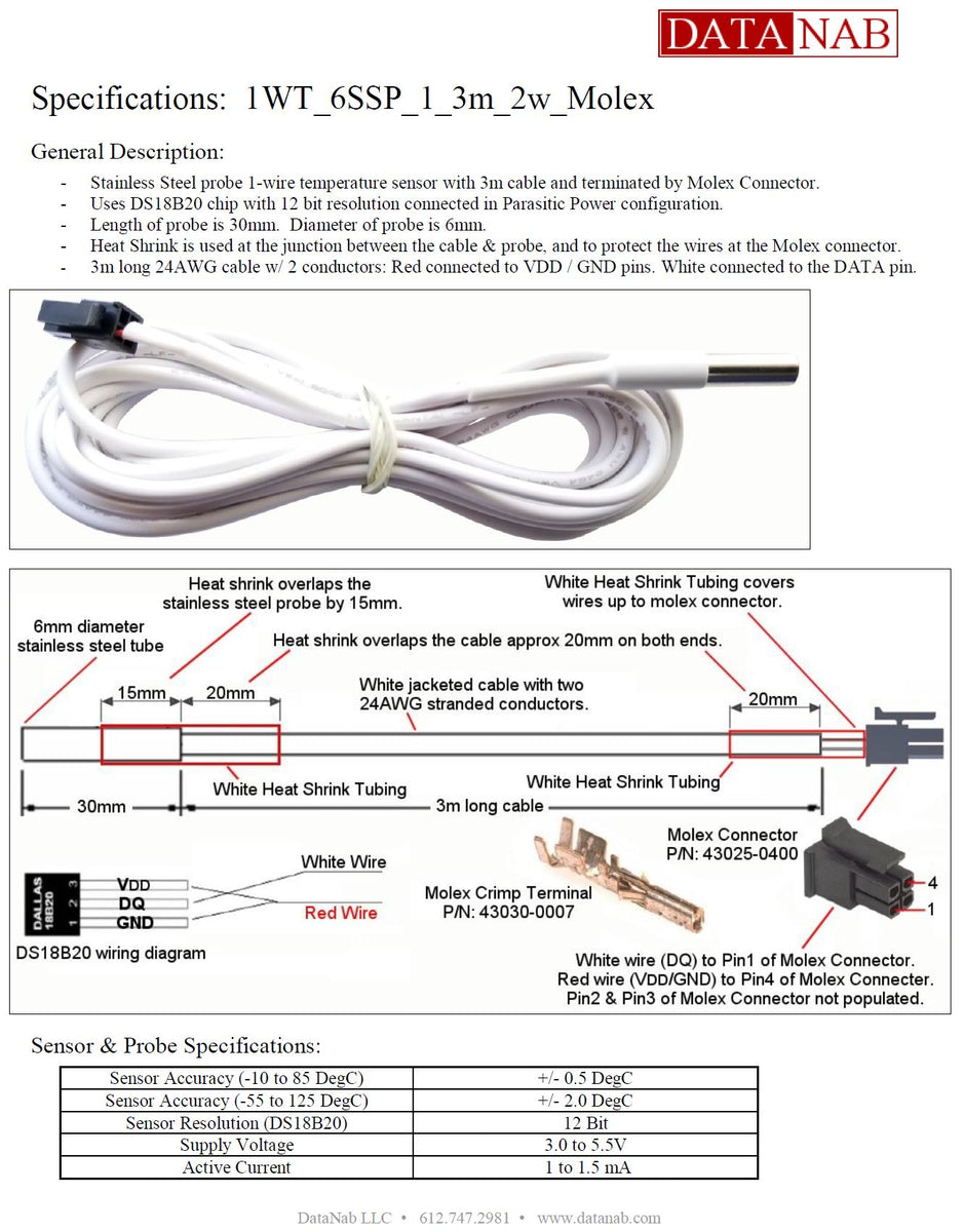 1WT_6SSP_1_3m_2w_Molex: 1-Wire Temperature probe with 3m cable termina ...